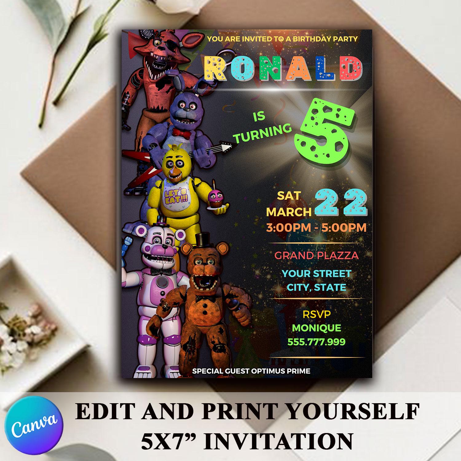 Editable Five Nights at Freddys Birthday Invitation for Boy & Girl Kids ...