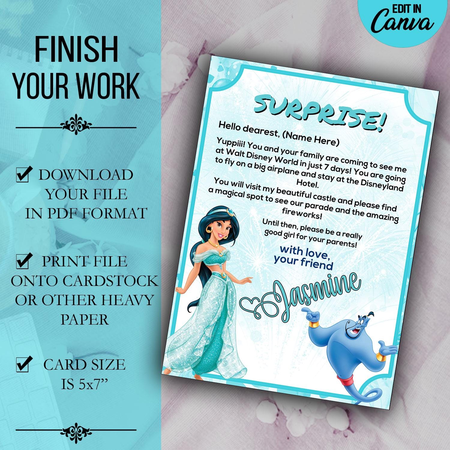 Princess Jasmine Disneyland Trip Reveal Letter (digital PDF) - Etsy