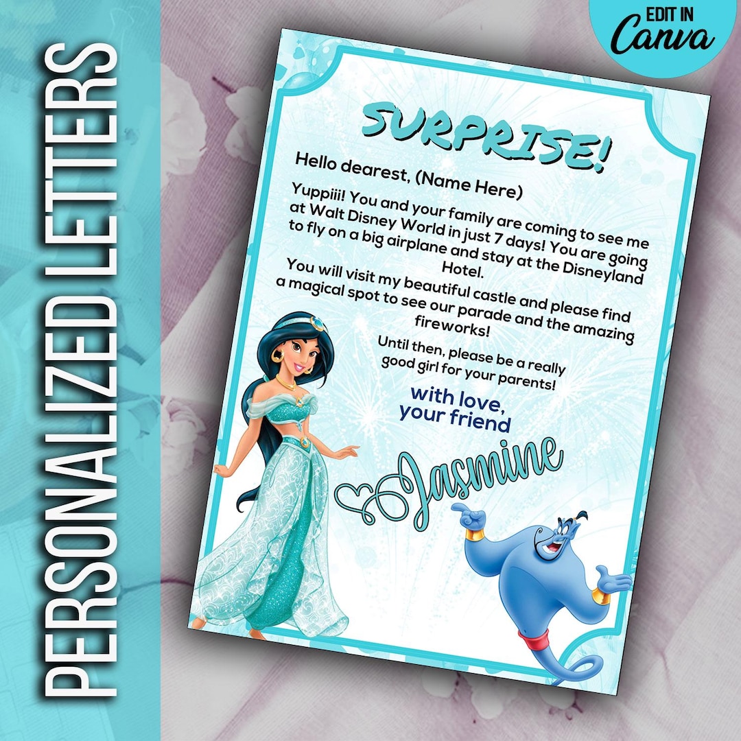 Editable Letters From Princess Jasmine, Disneyland Surprise Reveal ...