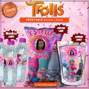 Trolls Birthday Party Labels Bundle: Editable Printable (canva Template ...