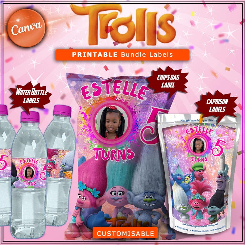 Trolls Birthday Party Labels Bundle: Editable Printable (canva Template ...