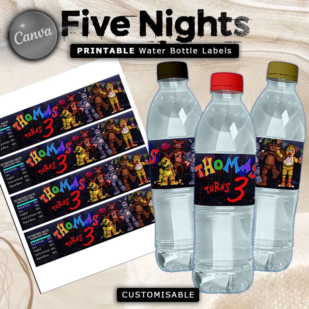 Five Nights at Freddy's Birthday Water Bottle Labels (canva Template ...