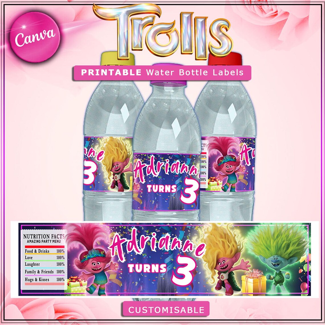 Editable Trolls Birthday Water Bottle Labels: Printable Party Stickers ...