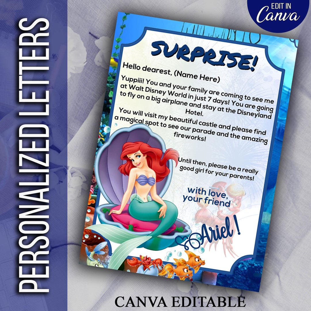 Editable Letters From Princess Ariel, Disneyland Surprise Reveal ...