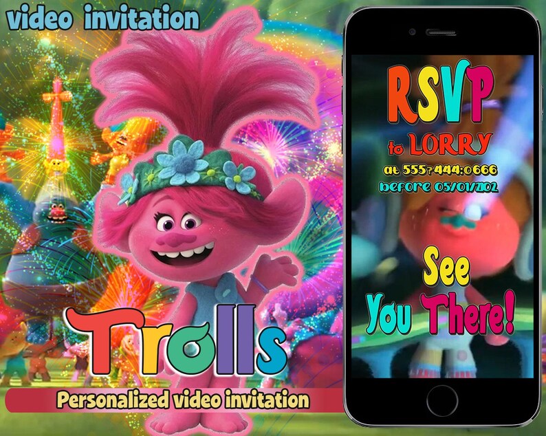 Trolls Birthday Party Video Invitation: Personalized Mobile Invite ...