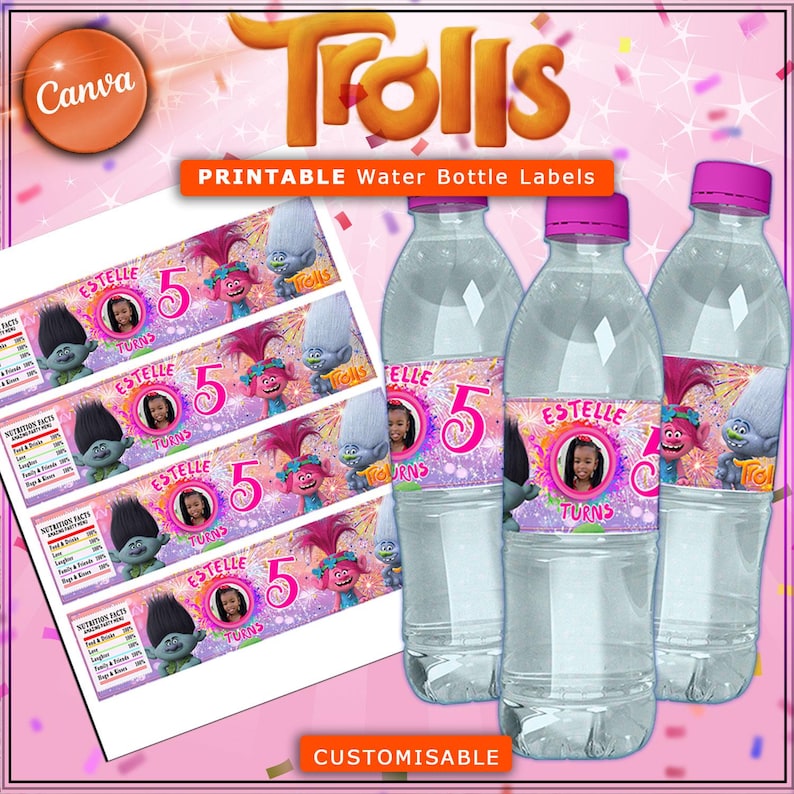 Personalized Trolls Water Bottle Labels: Printable Party Bundle (canva ...