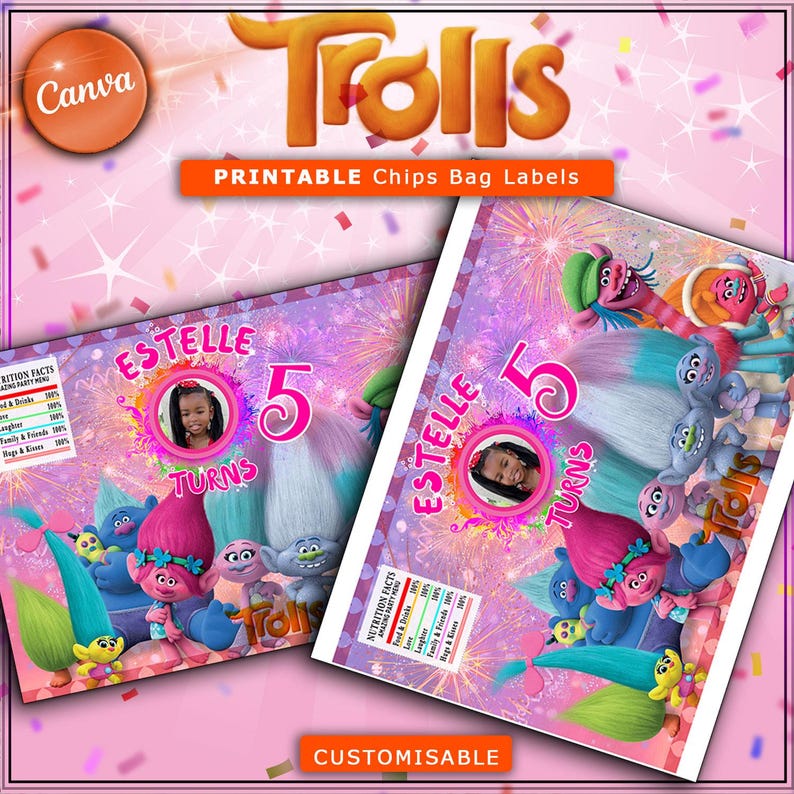 Trolls Birthday Party Labels Bundle: Editable Printable (canva Template ...
