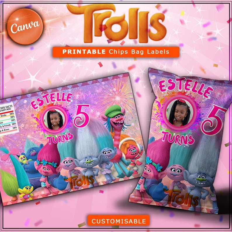 Trolls Birthday Party Labels Bundle: Editable Printable (canva Template ...