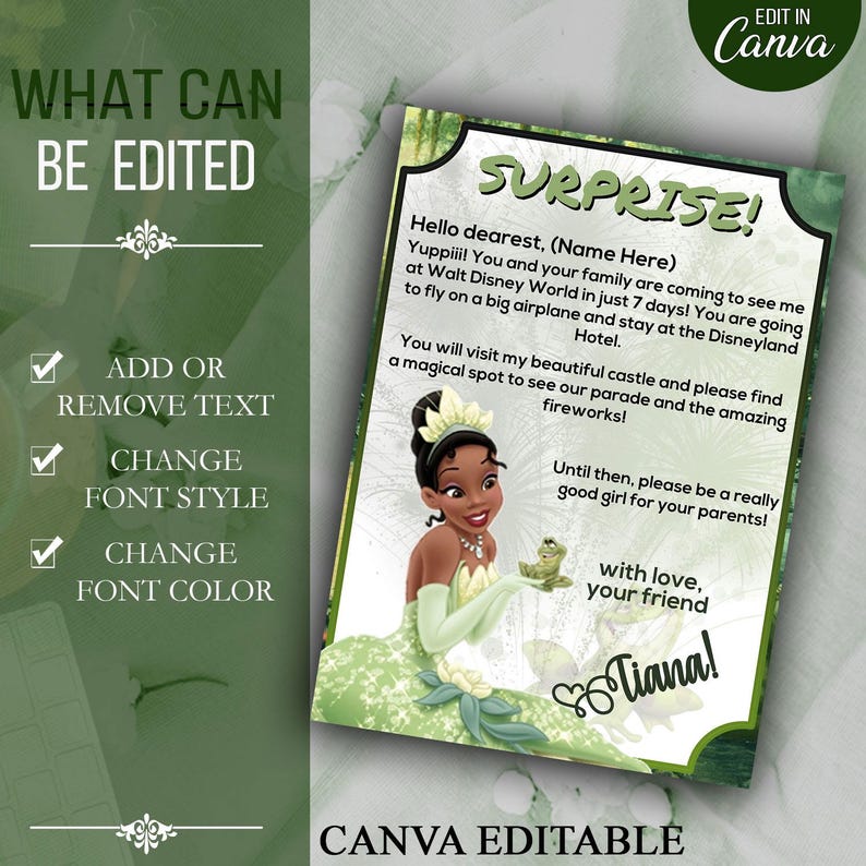 Princess Tiana Disneyland Surprise Letter: Editable Vacation Reveal ...