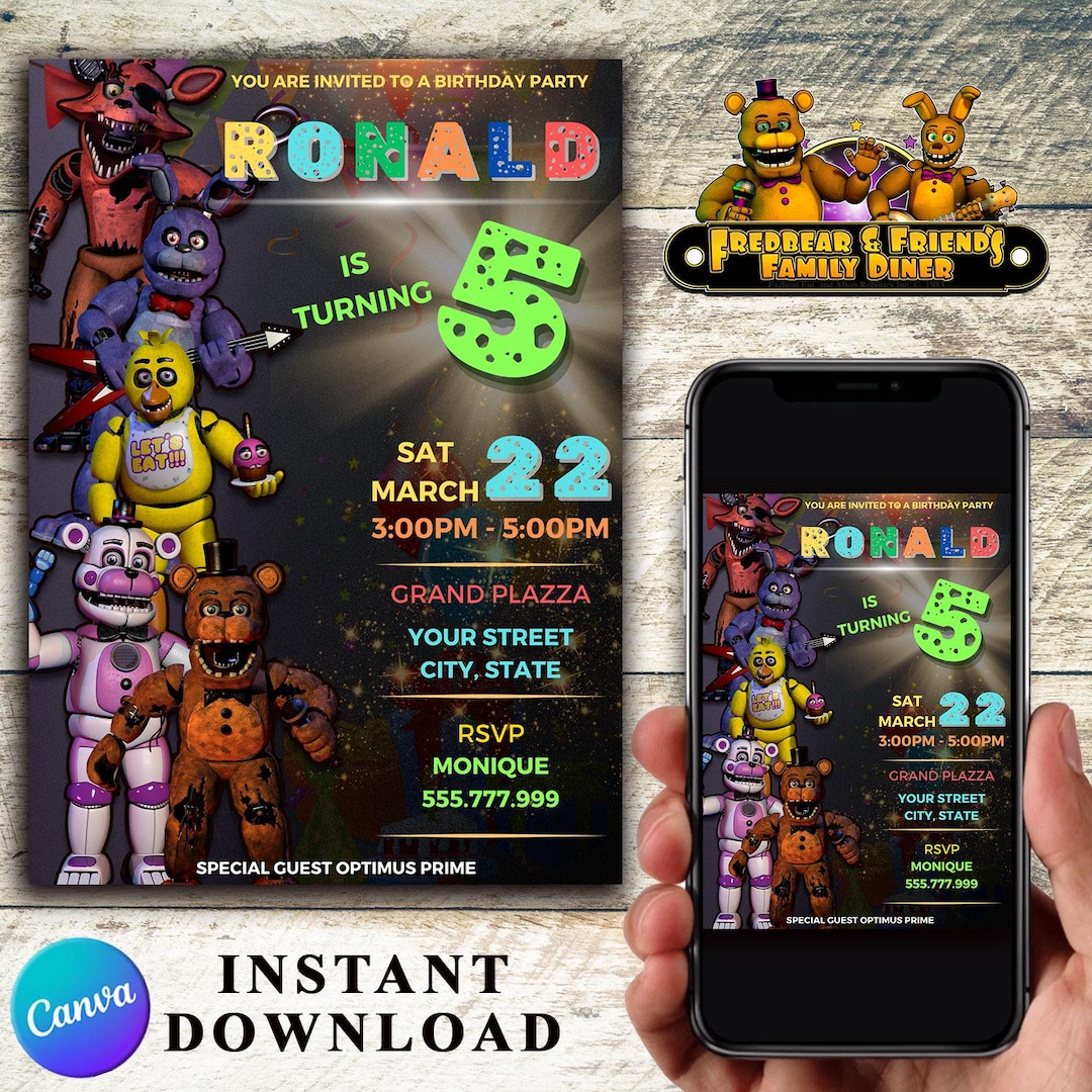 Editable Five Nights at Freddys Birthday Invitation for Boy & Girl Kids ...