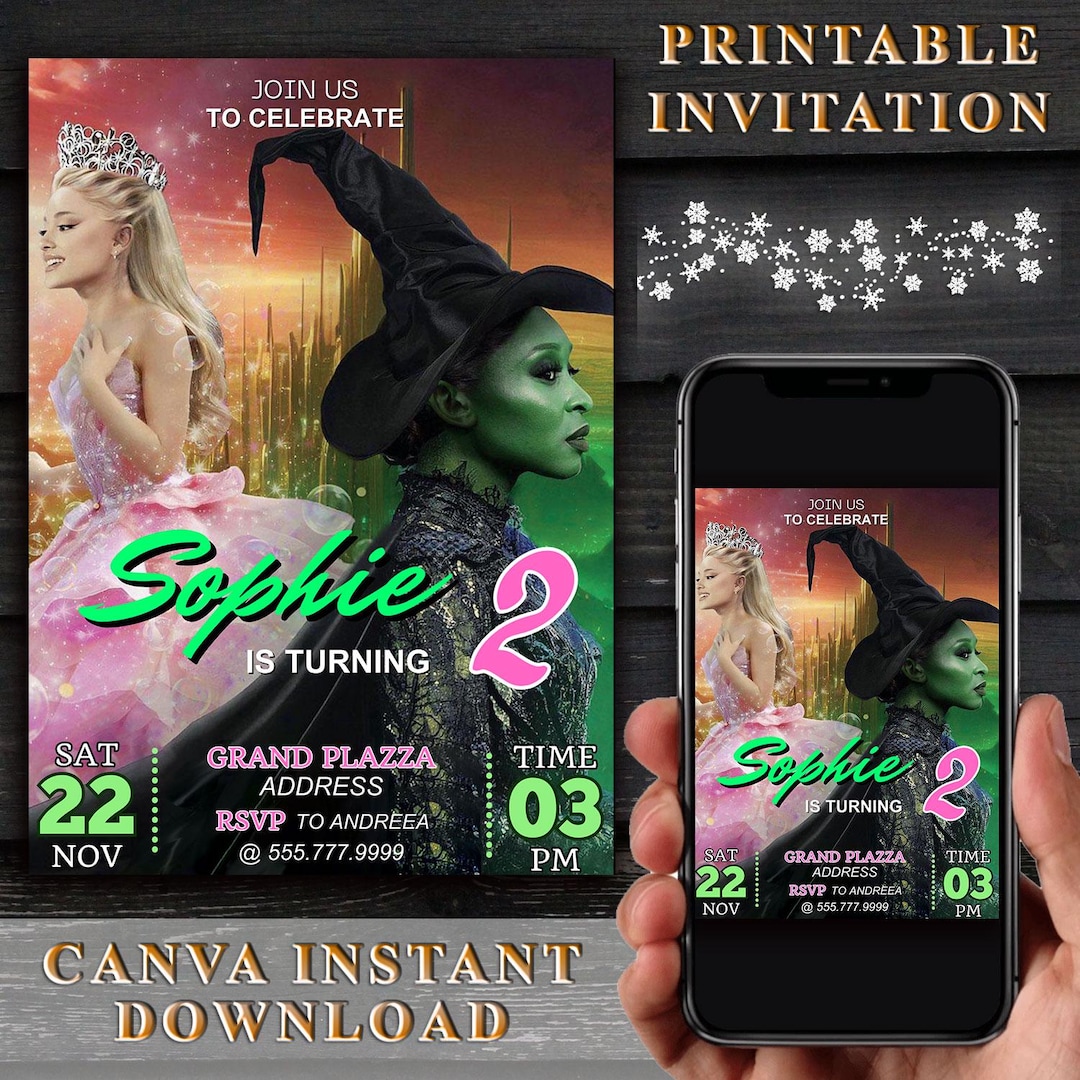 Wicked Birthday Party Printable Invitation, Wicked Movie Editable ...