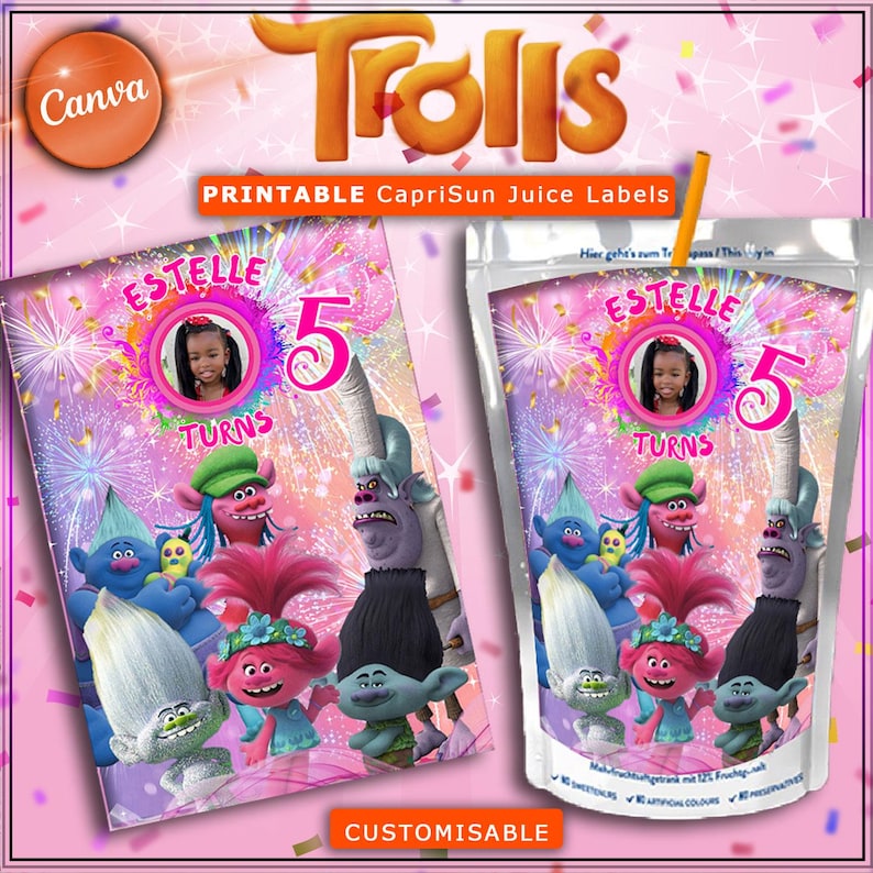 Trolls Birthday Party Labels Bundle: Editable Printable (canva Template ...