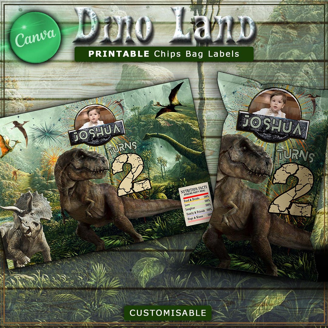Dinosaurs Printable Chips Bag Labels, Dinosaurs Canva Editable Chips ...