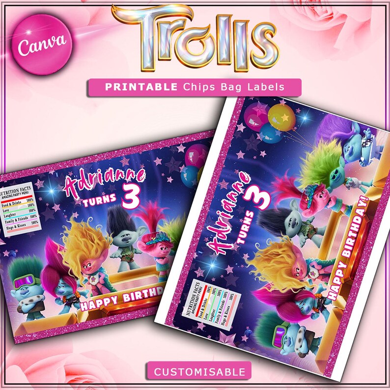 Trolls 3 Birthday Party Chip Bag Labels: Personalized Printable ...