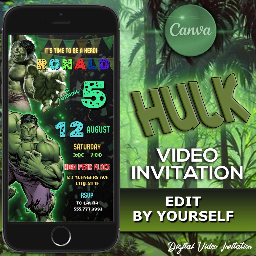 Hulk Video Birthday Party Invite, Canva Editable Invitation, Instant ...