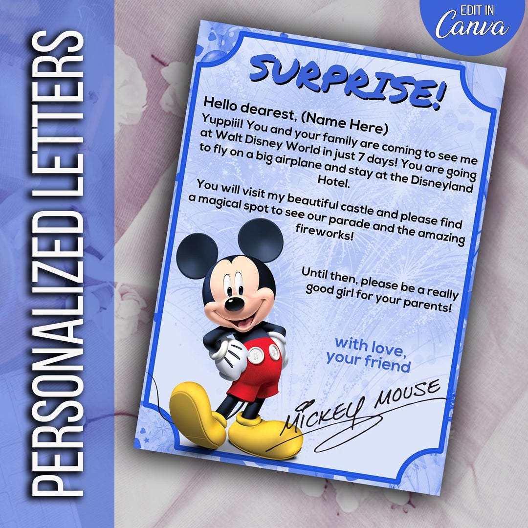 Editable Mickey Trip Reveal Letter: Disneyland/disneyworld Surprise ...