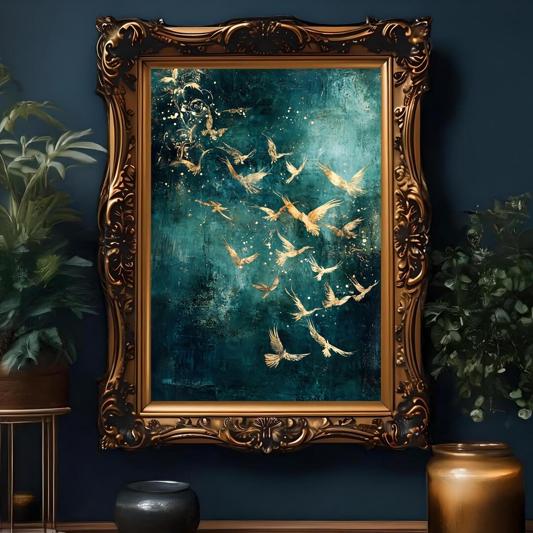 Gold Flying Birds Japanese Print: Teal Green Abstract Art - Etsy