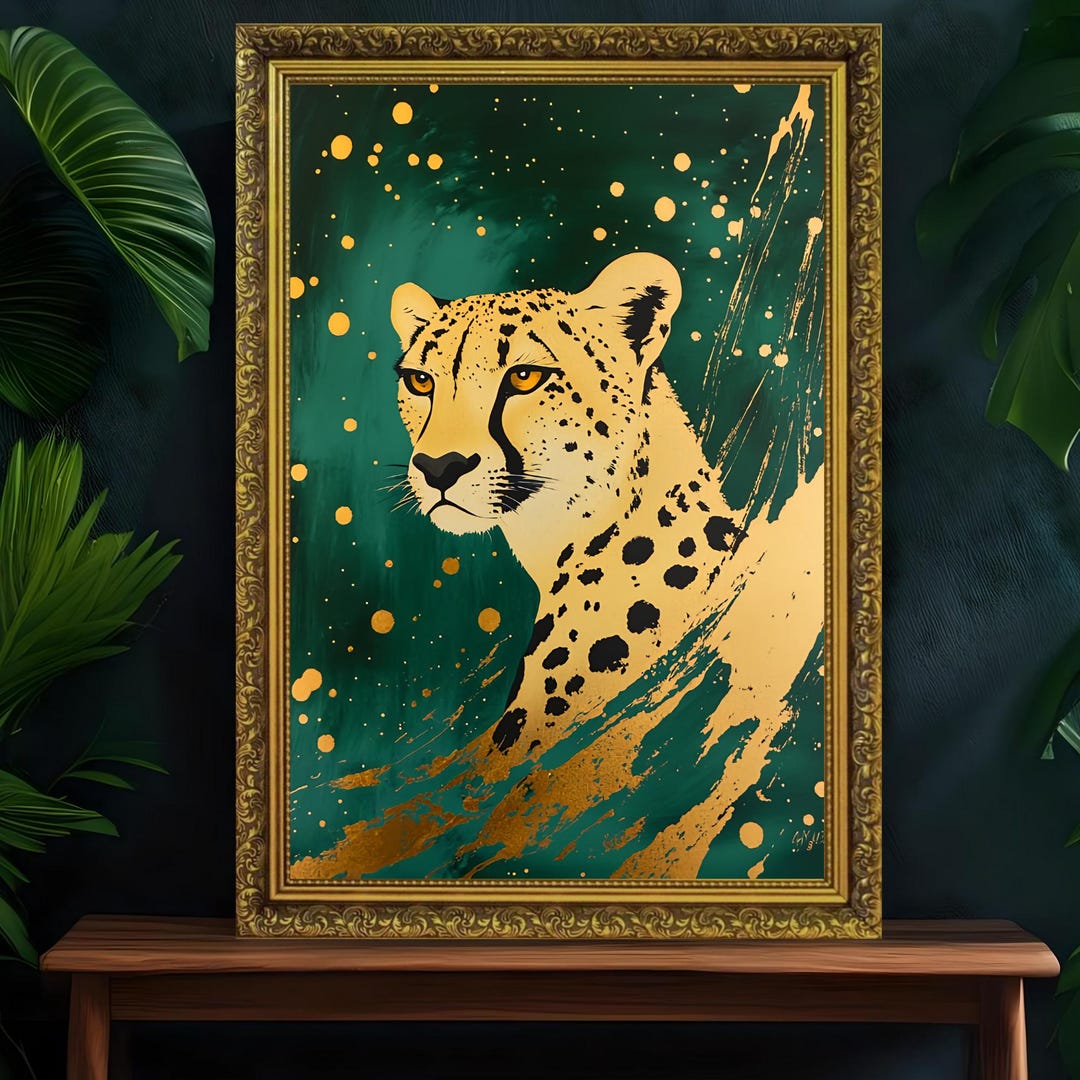 Gold Cheetah Green Wall Art | Emerald Green Modern Art | Gold Animal ...