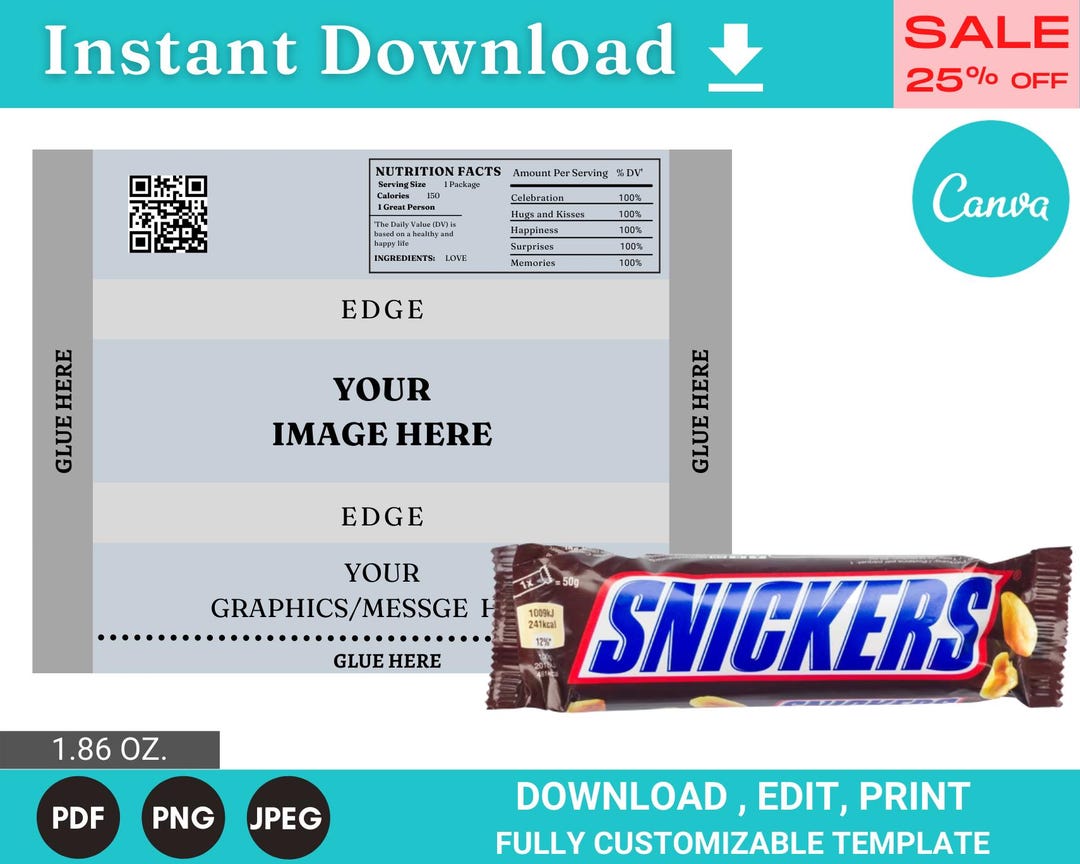Custom Personalized Printable Snickers Bar Box Label, Canva Template ...