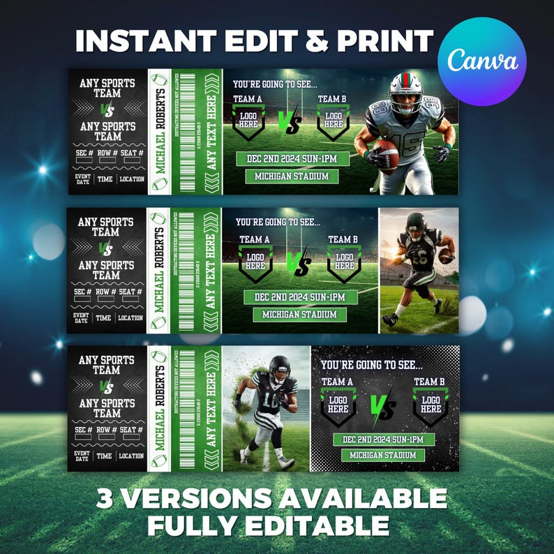 Football Game Ticket, Ticket Template, Printable Game Ticket, Football ...