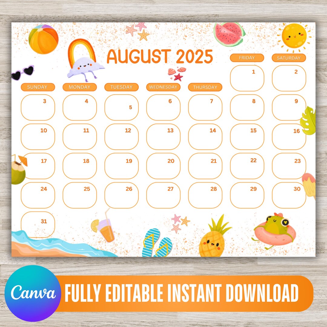 Editable August 2025 Calendar, Printable Calendar 2025, Back to School ...