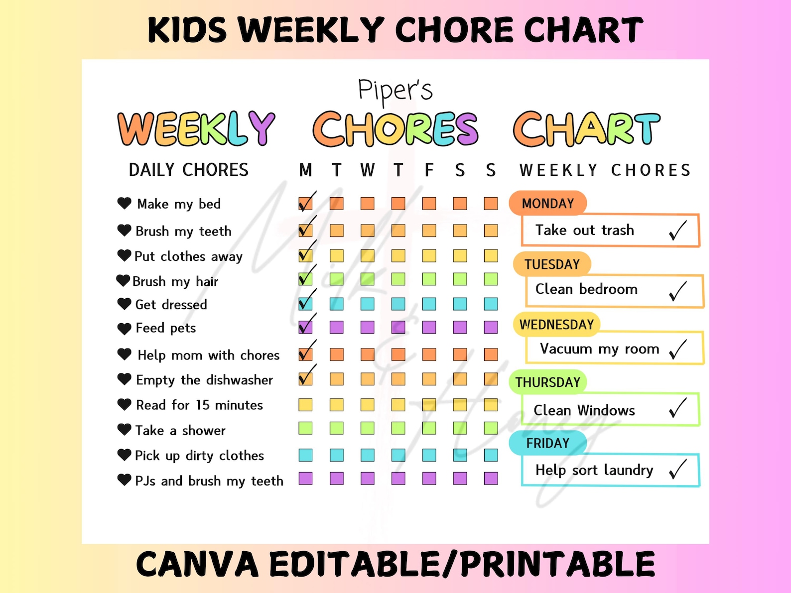 Editable & Printable Kids Weekly Chore Chart - Etsy