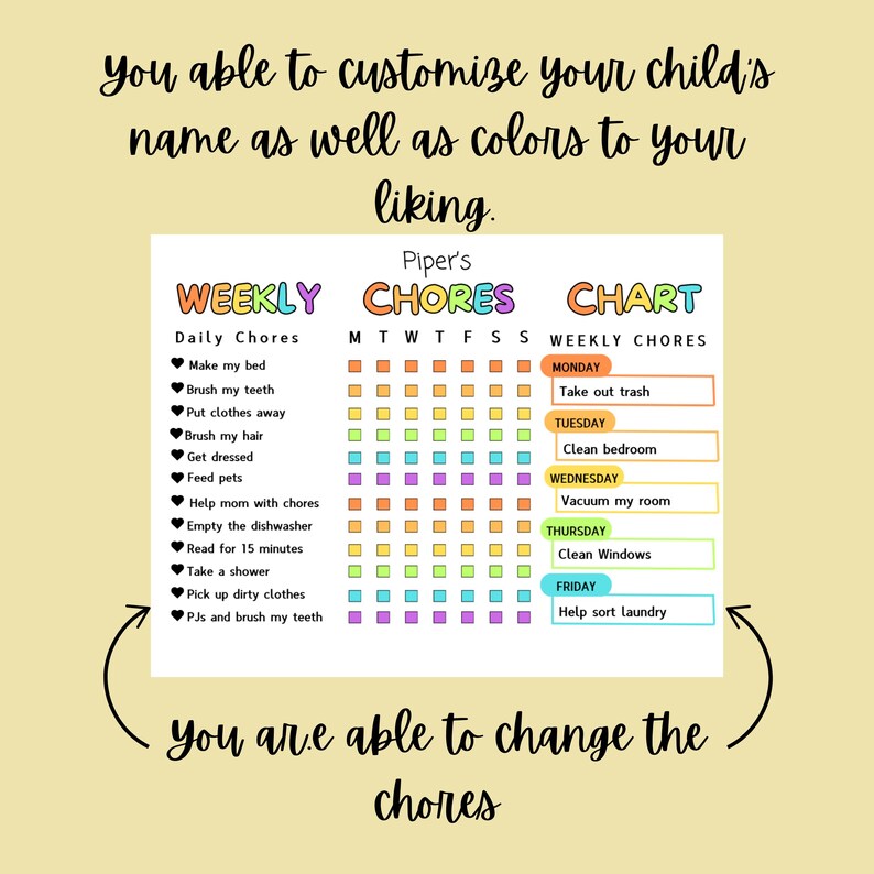 Editable & Printable Kids Weekly Chore Chart - Etsy