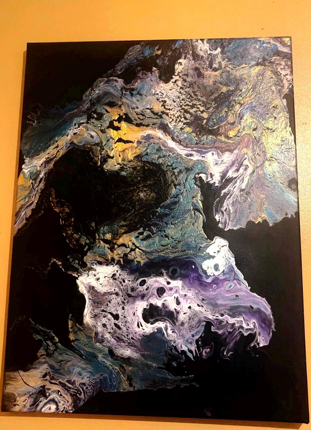 Gothic Abstract Painting – Dark Wall Art, Purple & Gold Celestial Fluid ...