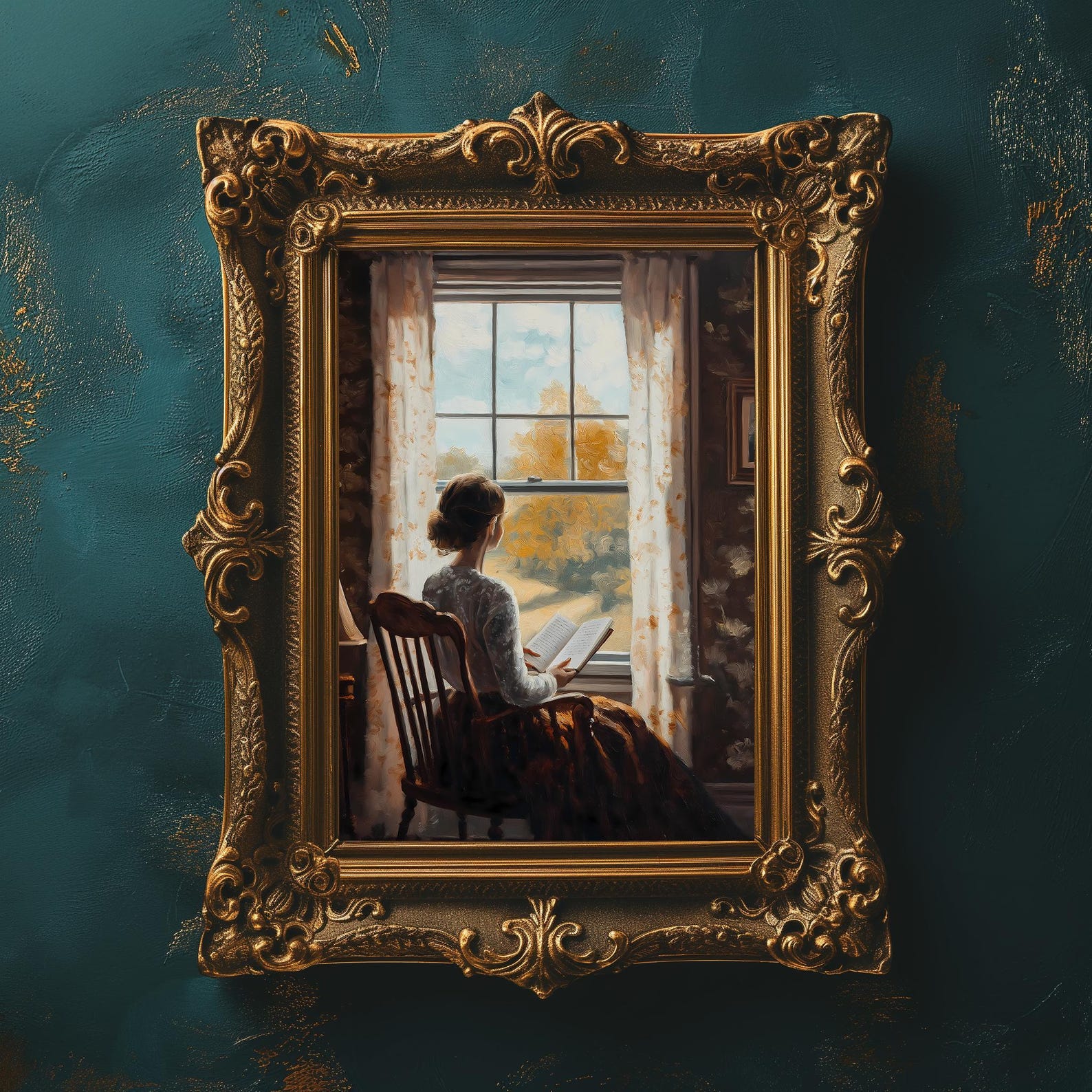 Vintage-style Oil Painting Print of a Woman Reading by a Window Antique ...