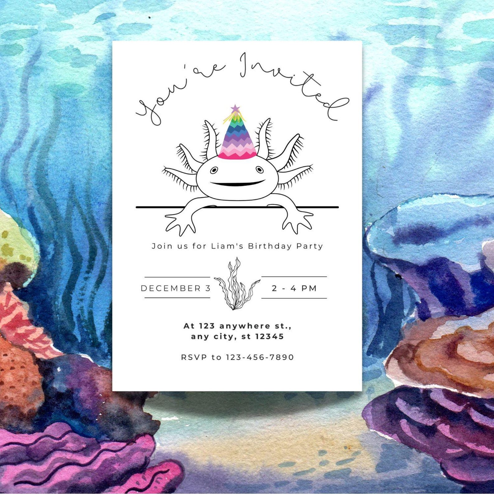 Axolotl Invitation Template for Kids Birthday Instant Download Editable ...