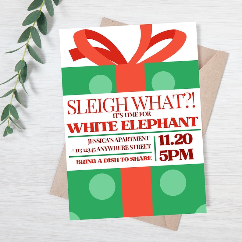 White Elephant Potluck Christmas Party Invitation Template for Holiday ...