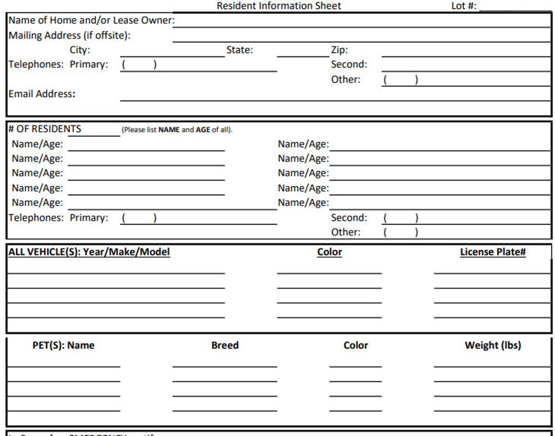 Resident Information Sheet Mobile Home Park - Etsy
