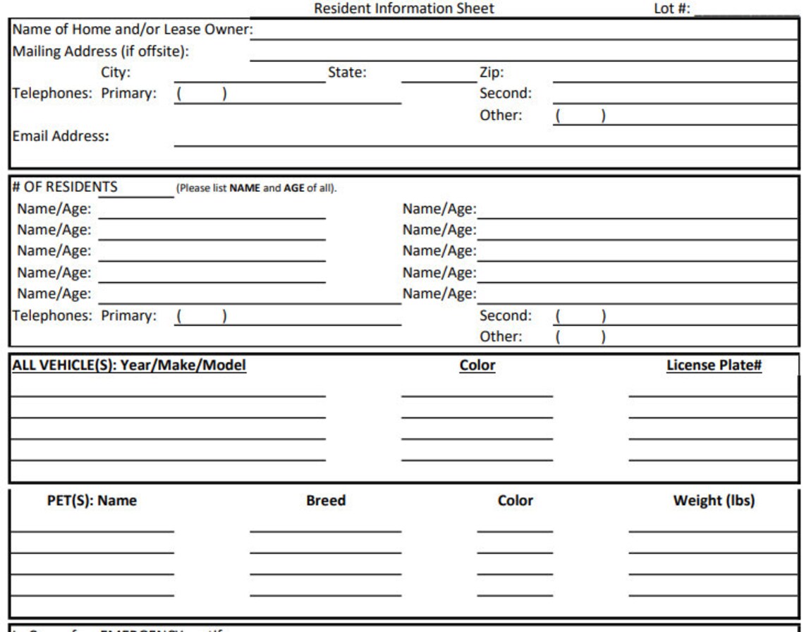 Resident Information Sheet Mobile Home Park - Etsy