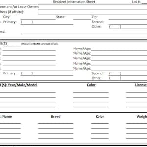 Resident Information Sheet Mobile Home Park - Etsy