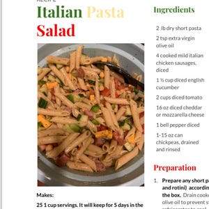 Italian Pasta Salad Recipe, PDF File, Instant Download! Party Size, 25 ...