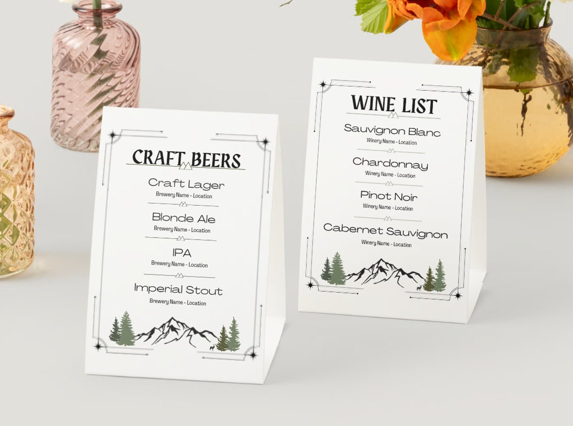 Printable Beer & Wine Menu Template - Bar Menu With Mountain Design ...
