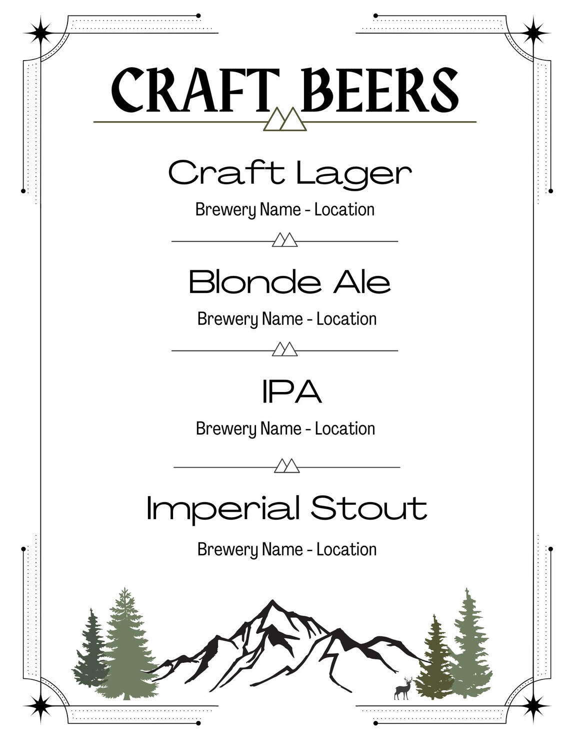 Printable Beer & Wine Menu Template - Bar Menu With Mountain Design ...