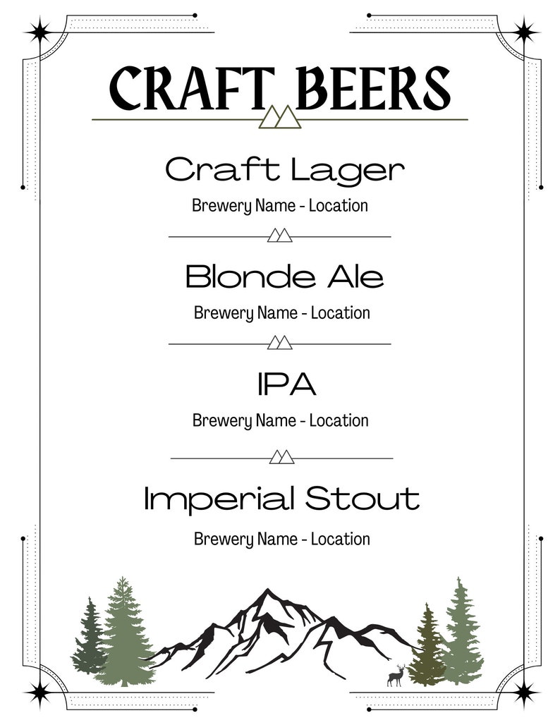 Printable Beer & Wine Menu Template - Bar Menu With Mountain Design ...