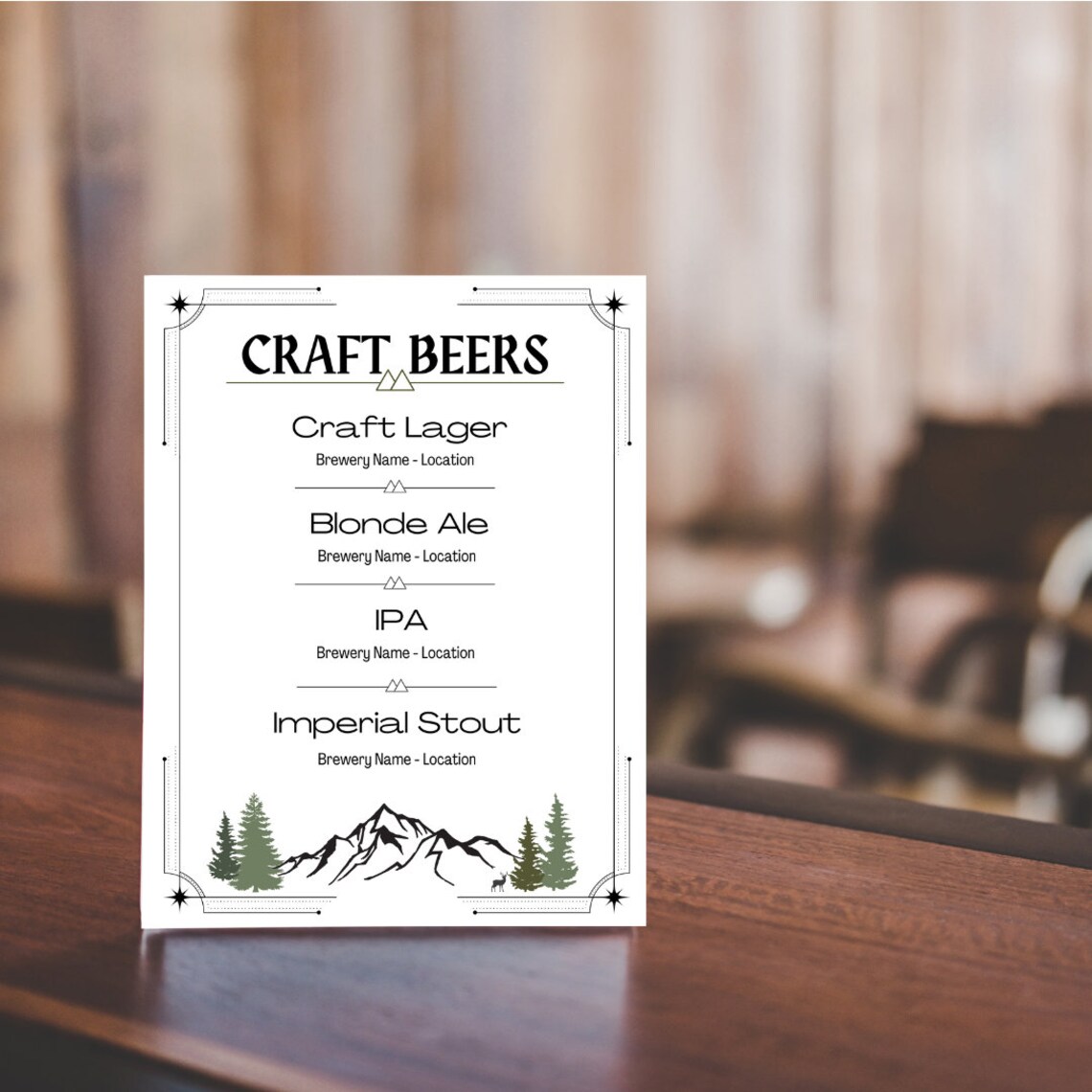 Printable Beer & Wine Menu Template - Bar Menu With Mountain Design ...