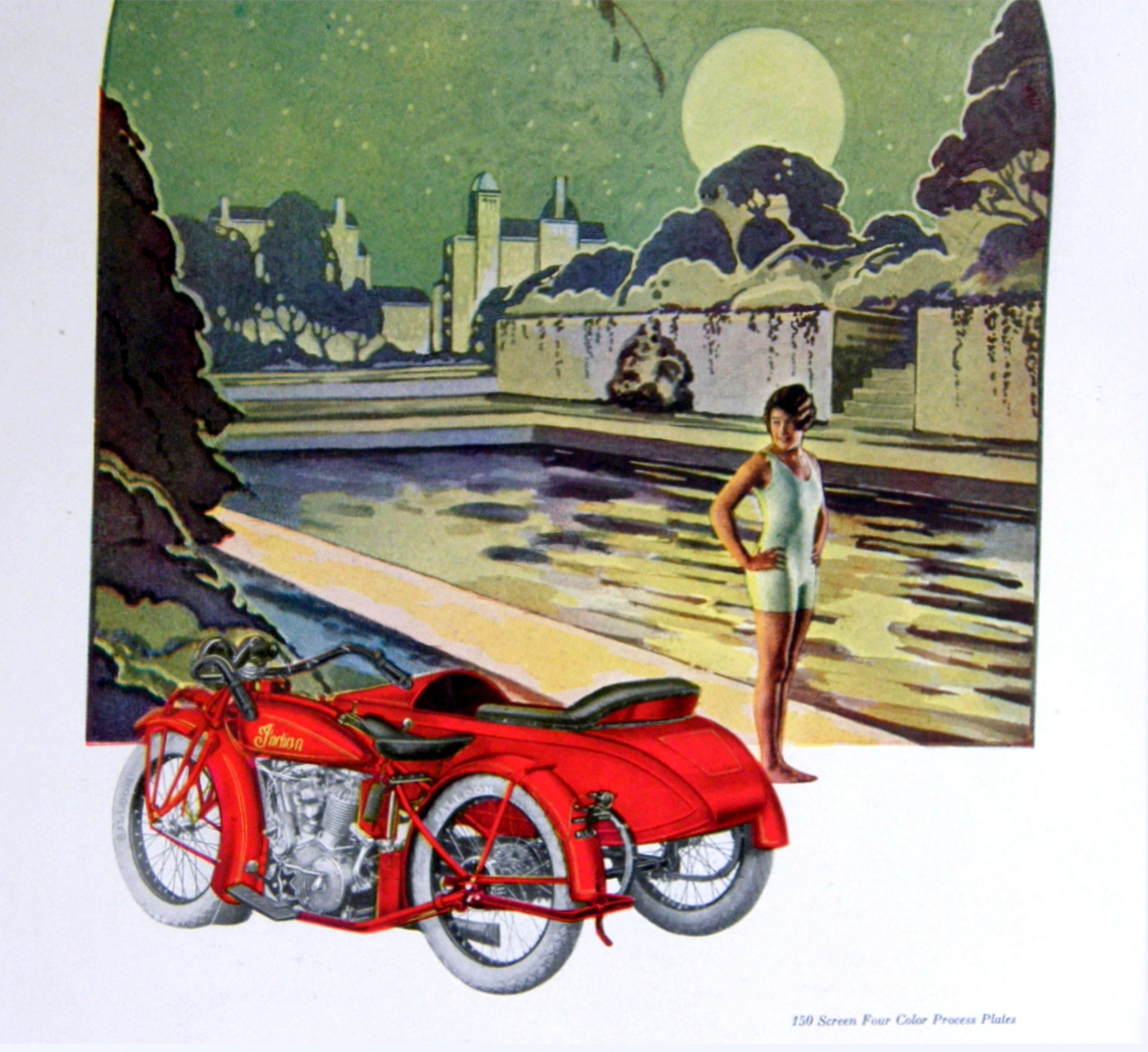 1927 Print, Vintage Indian Motorcycle Ad: Twilight Flapper Under Full ...