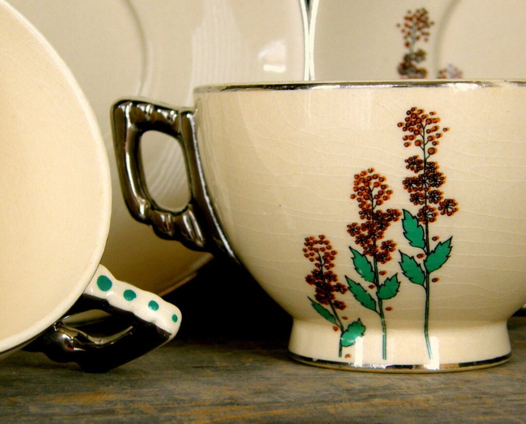 Set of 6 Leigh Ware Wildflower Moderne 2-handled Cups W/ Saucers on ...