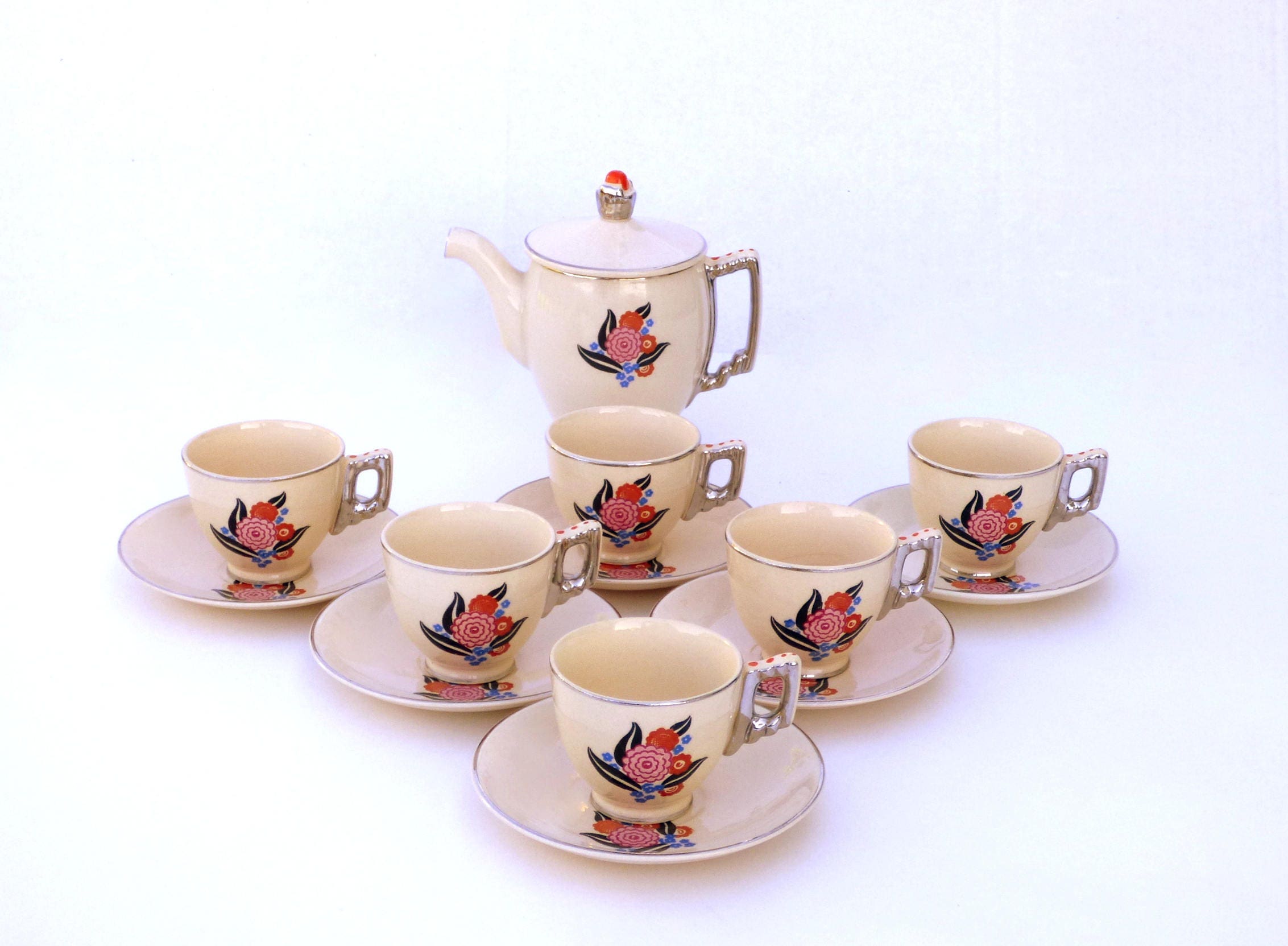 Art Deco Leigh Ware Coffee Set – Arosa Floral Demitasse Cups, Umbertone ...