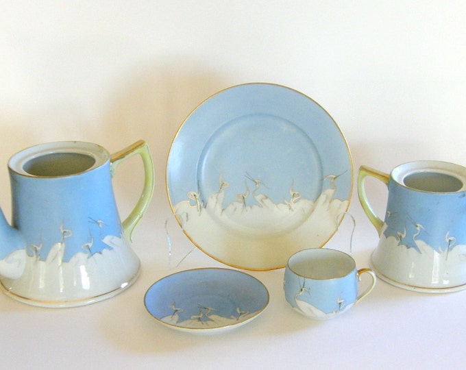 Sky Blue Japanese Porcelain Tea Set Hand Painted Egret Crane Heron Bird ...