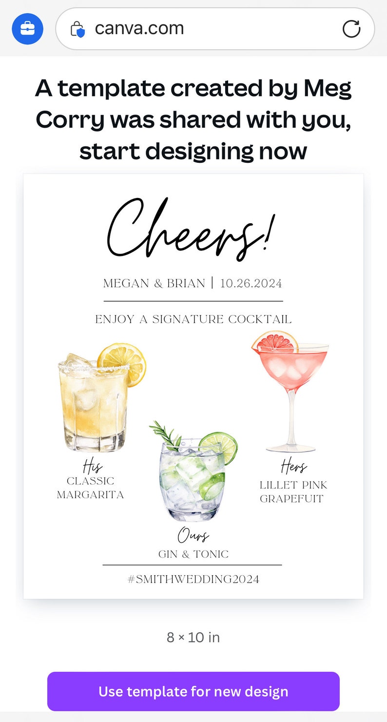 Cheers Signature Drink Bar Sign 8x10, His Hers & Ours, Wedding or ...