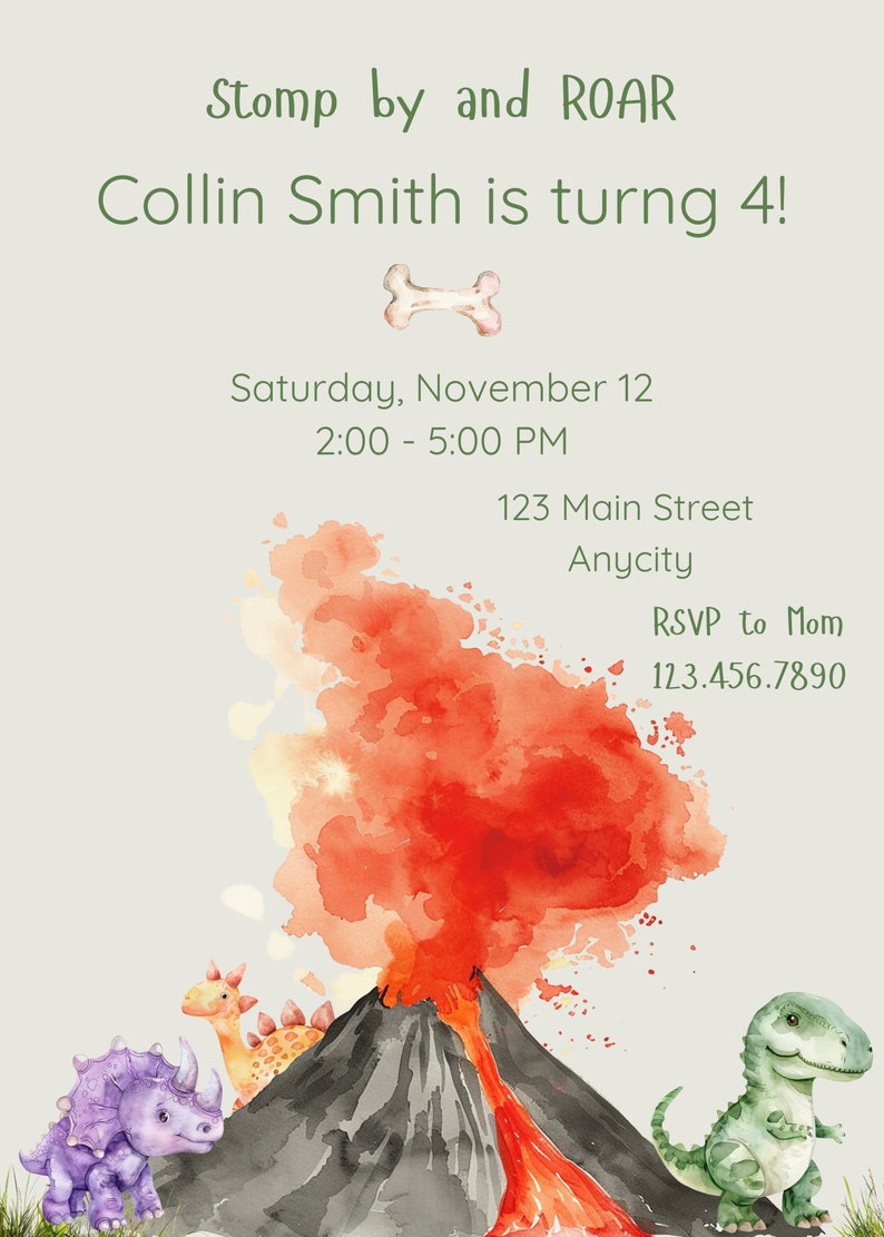 Stomp by and Roar Dinosaur Birthday Party Invite, 5x7, Boy or Girl ...