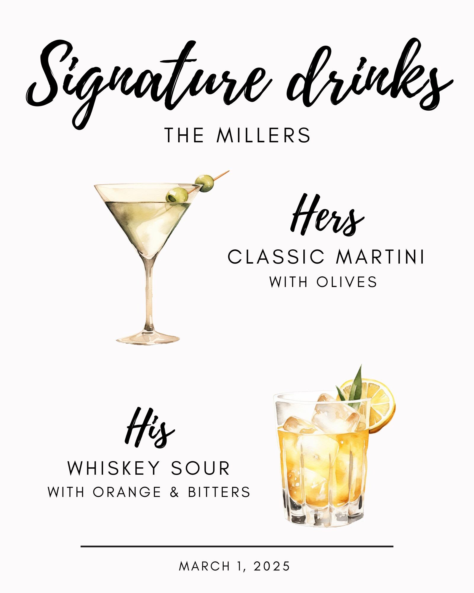 Signature Drinks Bar Sign for Two Cocktails, His & Hers Drinks, 8x10 ...