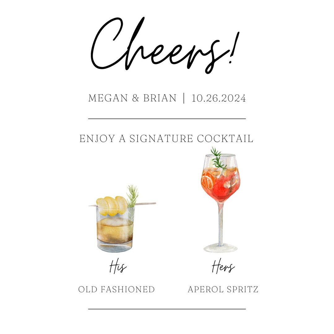 Cheers Signature Drink Bar Sign, Table Card, Old Fashioned, Aperol ...