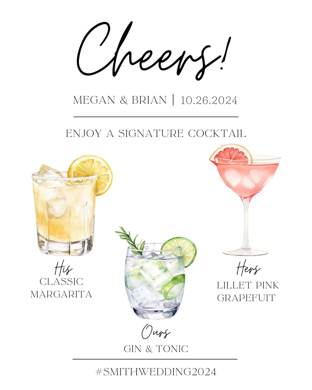 Cheers Signature Drink Bar Sign 8x10, His Hers & Ours, Wedding or ...