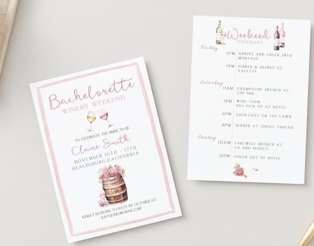 Bachelorette Winery Weekend Invite, Two Sided Itinerary, Girls Weekend ...