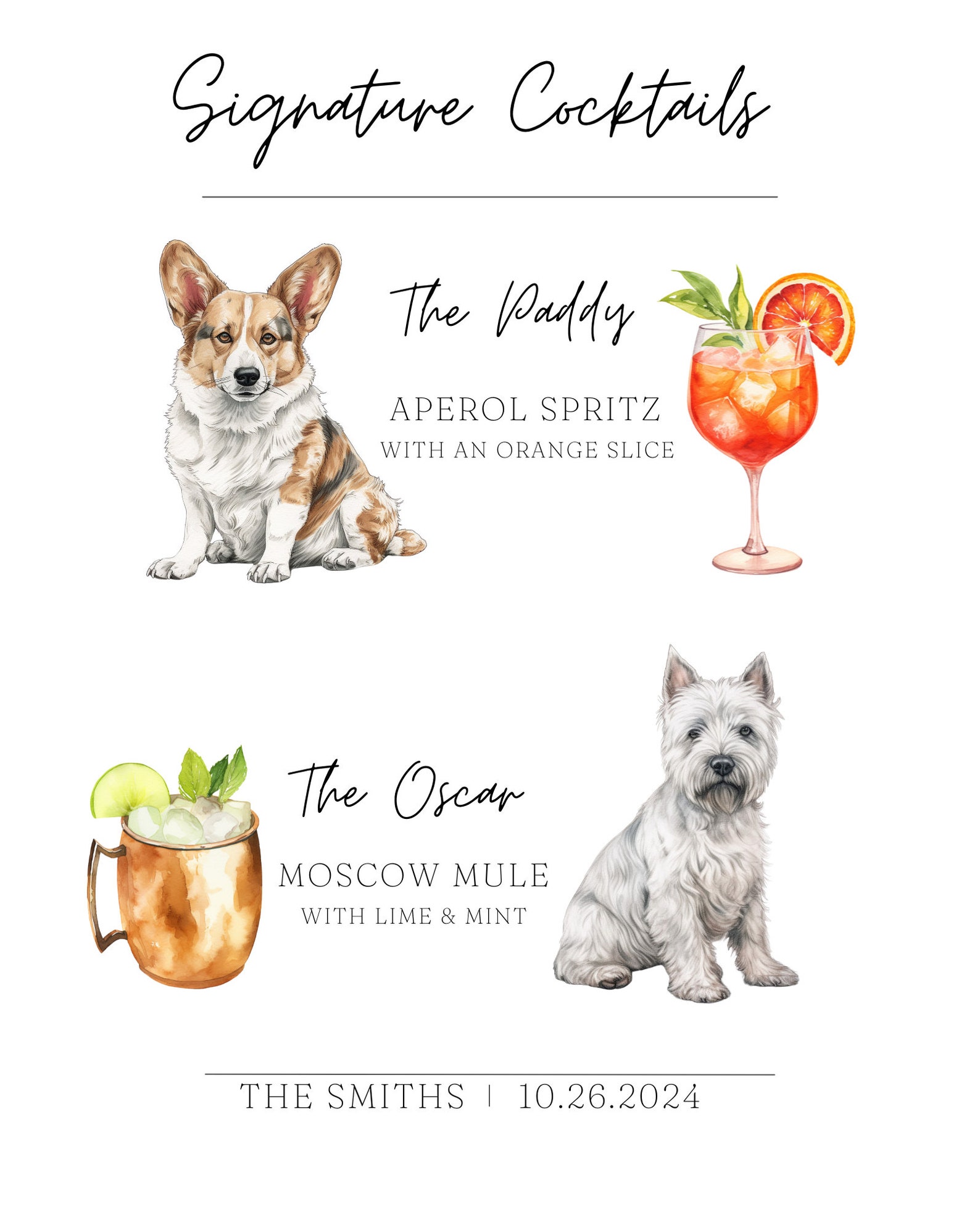 Signature Cocktail Bar Sign, Corgi, Westie, Aperol Spritz, Moscow Mule ...